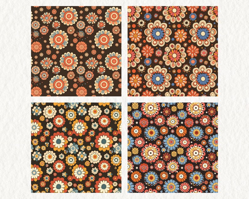 Retro Hippie Flowers Pattern Seamless Digital Papers Printable Scrapbook Paper Instant Download ...