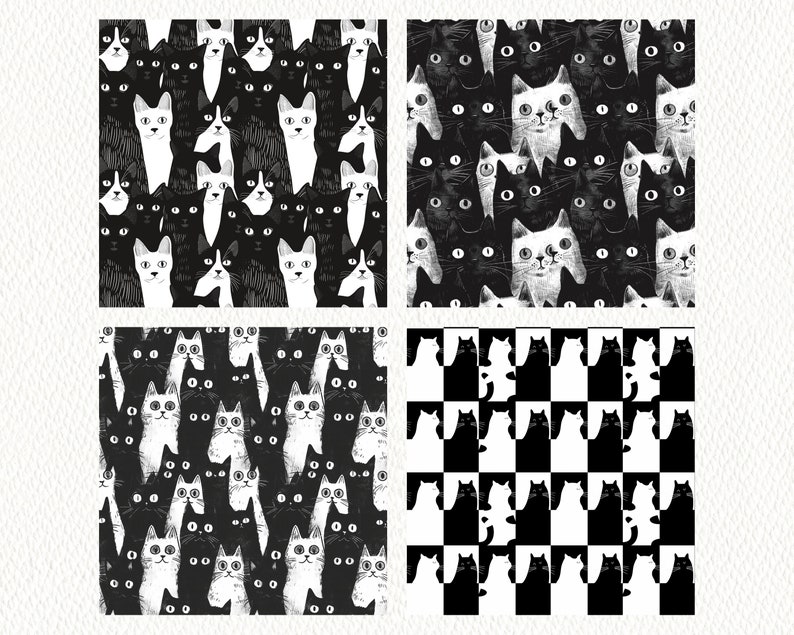 Black White Cat Pattern Seamless Digital Papers Tile Patterns Printable ...