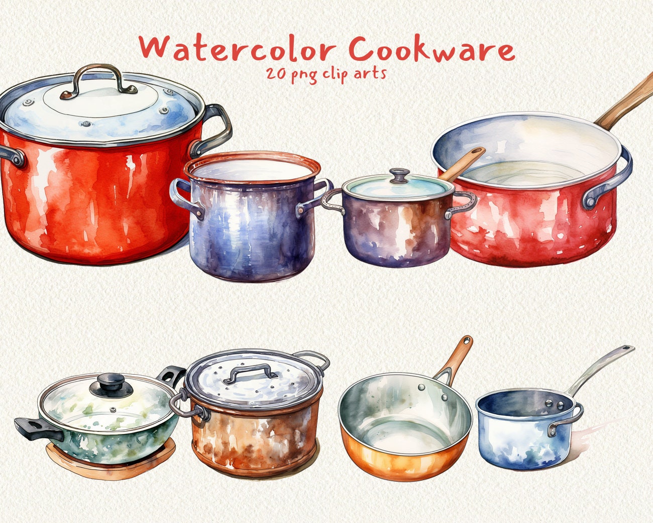 Watercolor Cookware Digital Printable Clipart Bundle in PNG Format ...