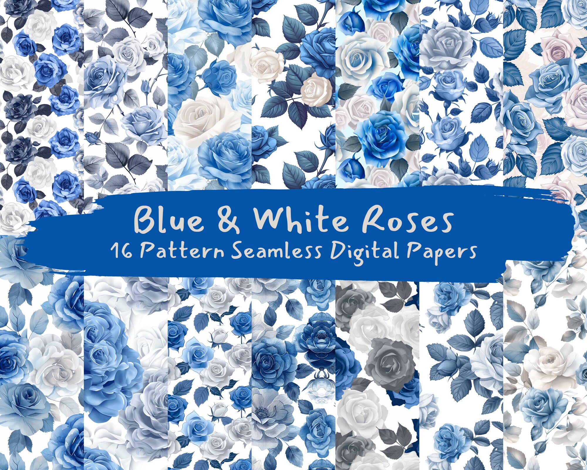 Blue and White Roses Pattern Seamless Digital Papers - Etsy