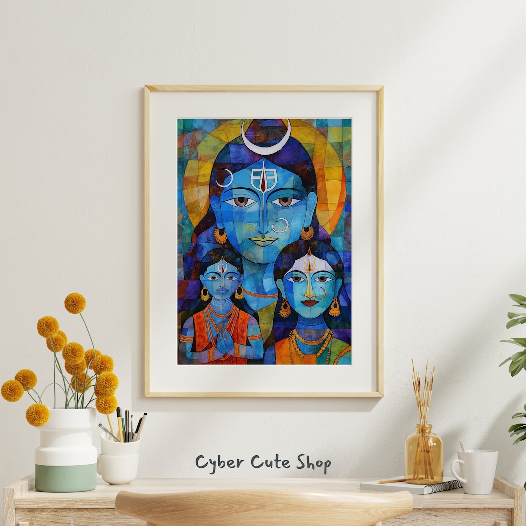 Divine Trio Shiva and Parvati Digital Wall Art - Vibrant Printable ...