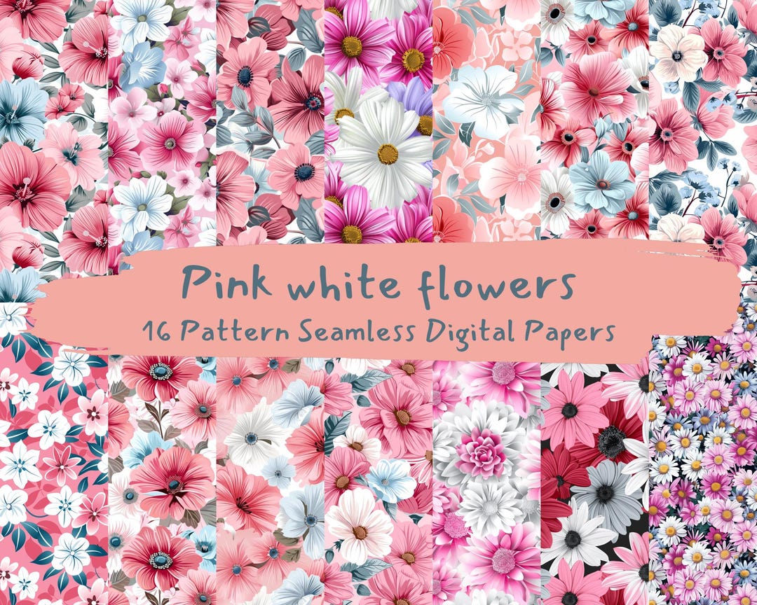 Pink White Flowers Pattern Seamless Digital Papers - Printable ...