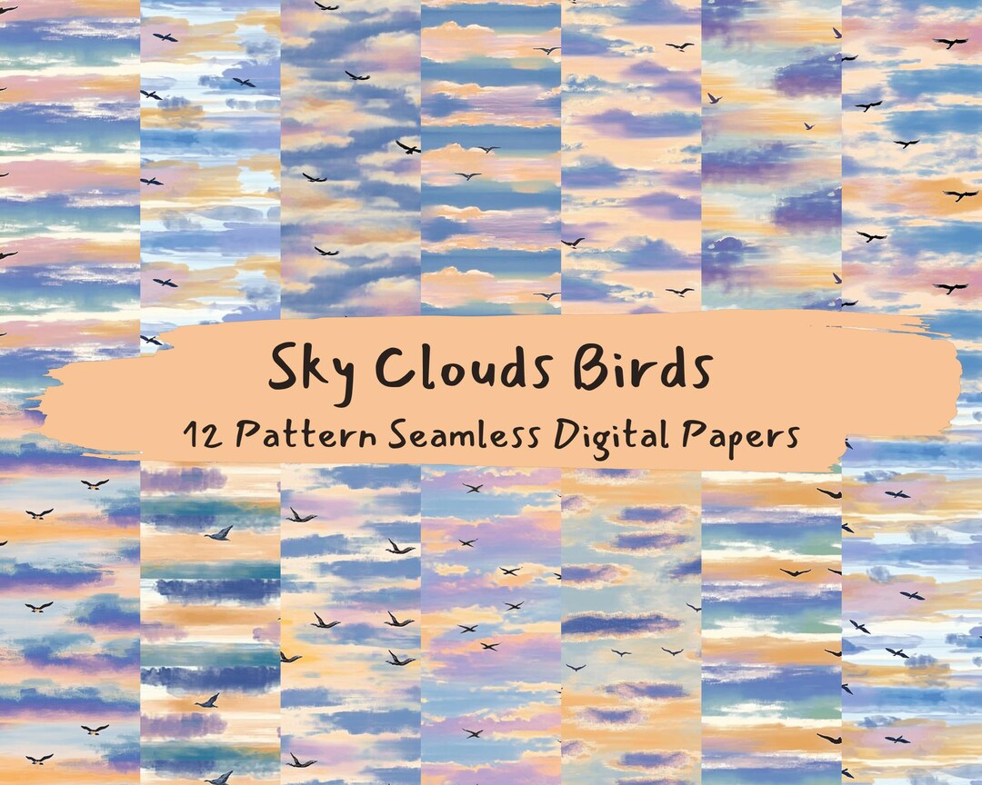 Sky Clouds Birds Pattern Seamless Digital Papers - Printable Scrapbook ...