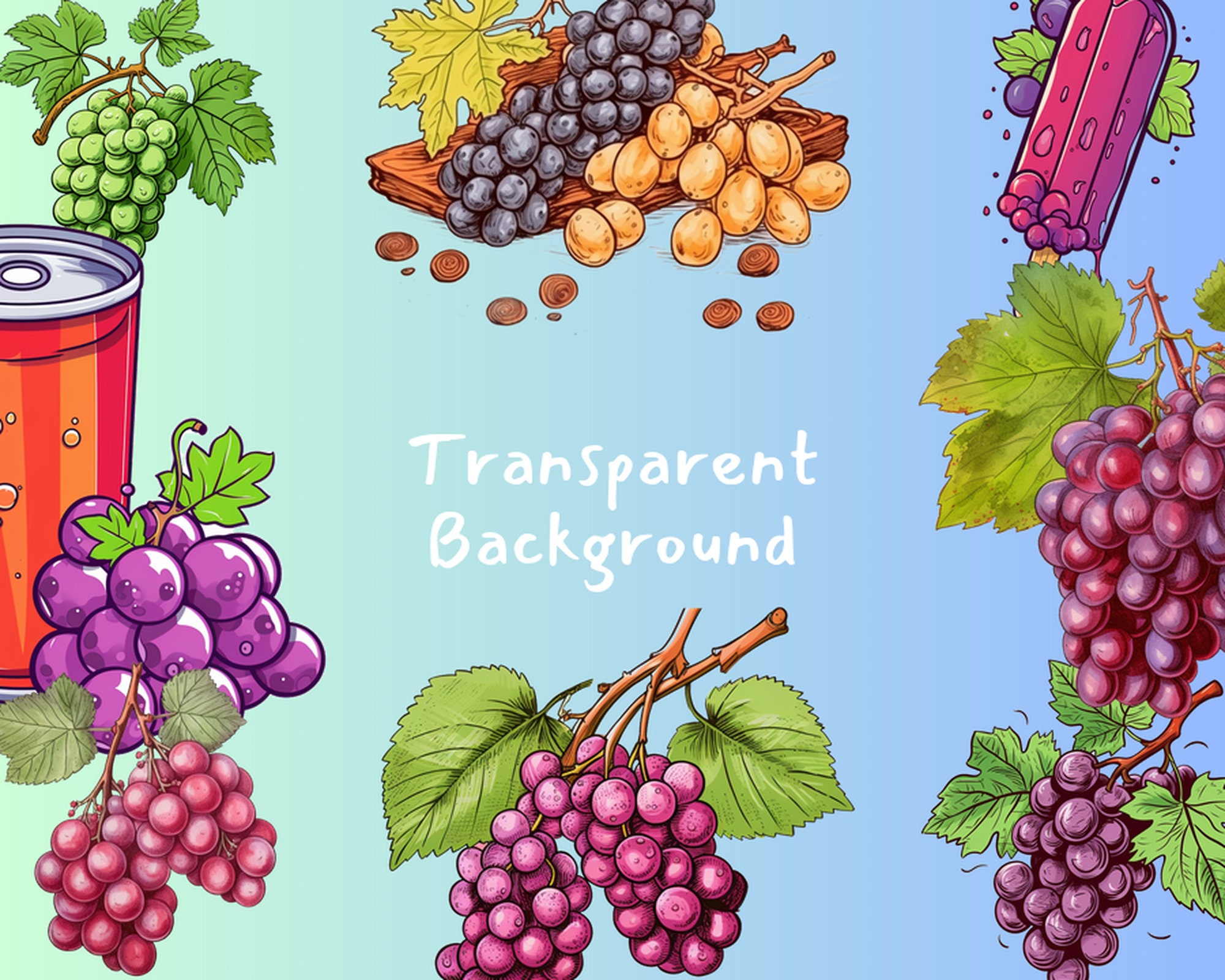 Doodle Grape Digital Printable Clipart Bundle in PNG Format Transparent ...