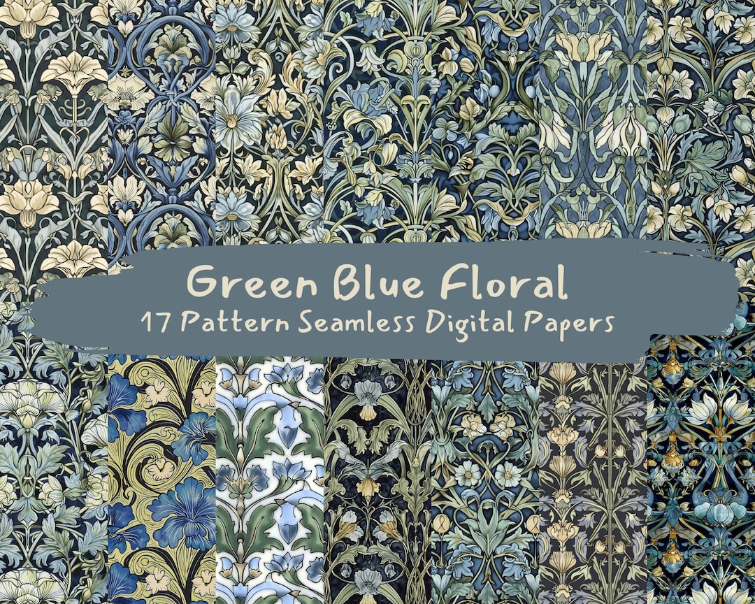 Green Blue Floral Pattern Seamless Digital Papers - Printable Scrapbook ...