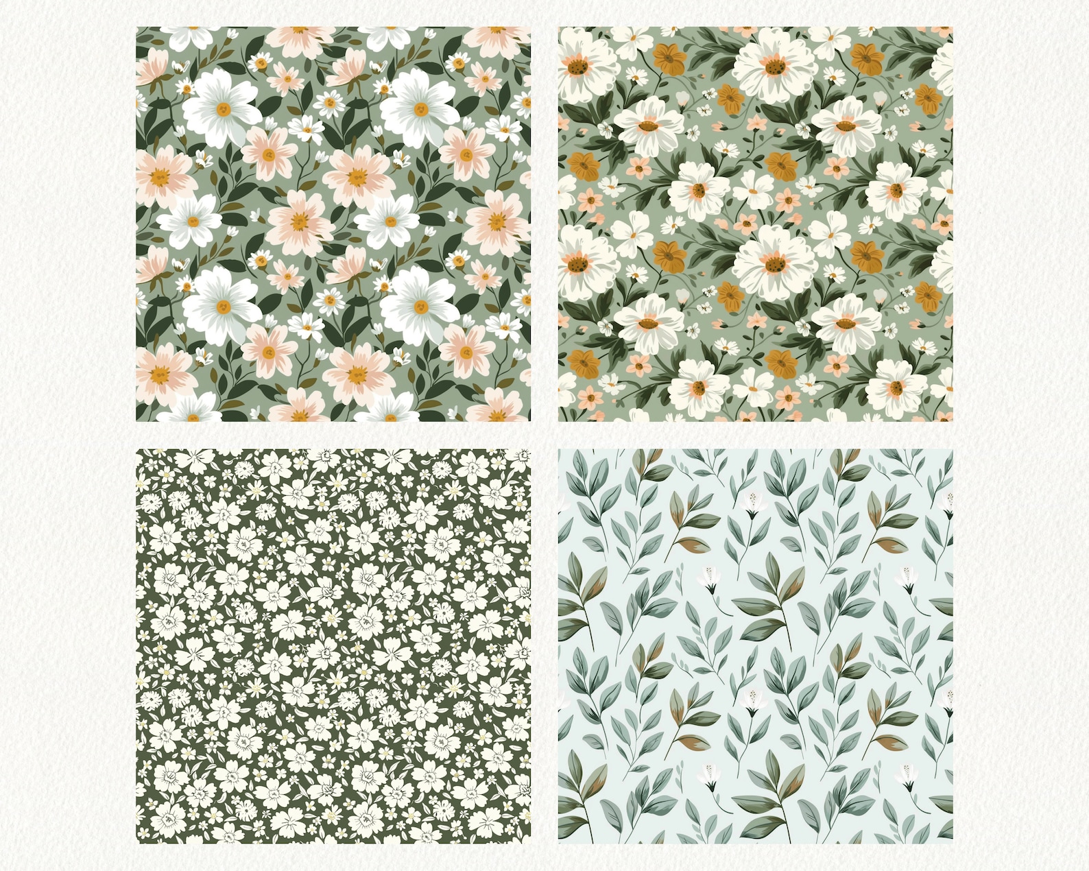 Sage Green Floral Pattern Seamless Digital Papers - Printable Scrapbook ...