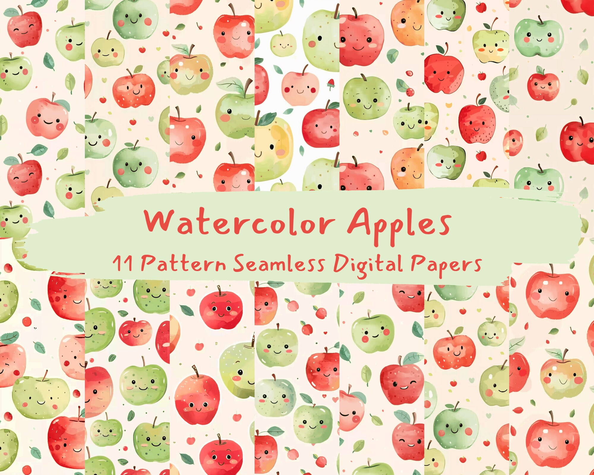 Watercolor Apples Pattern Seamless Digital Papers Printable Scrapbook ...