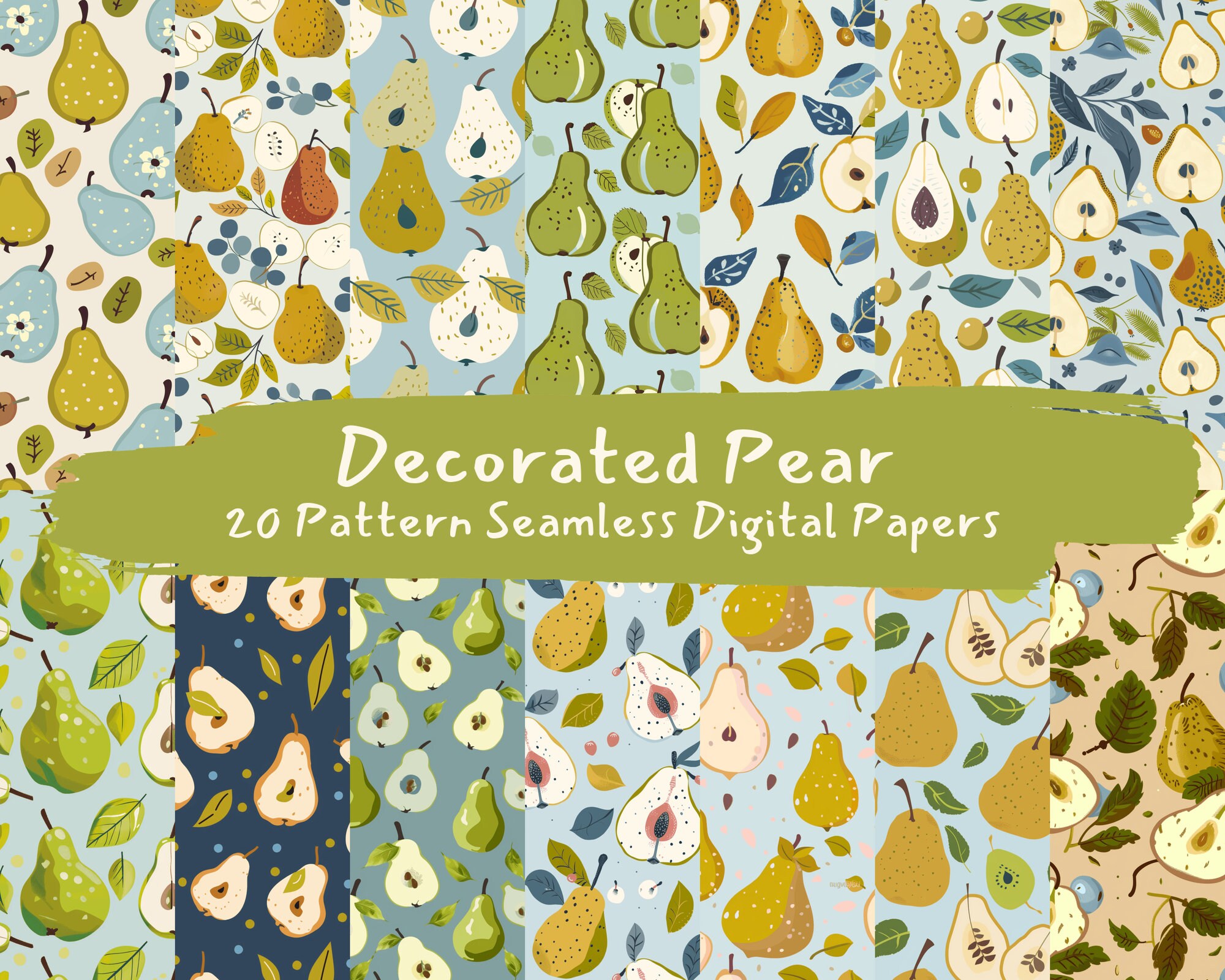 Decorated Pear Pattern Seamless Digital Papers Printable Scrapbook ...