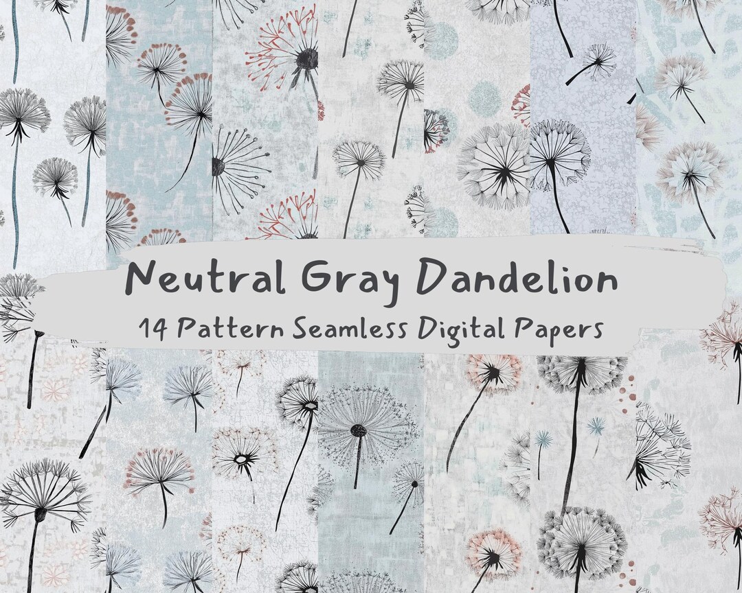 Neutral Gray Dandelion Pattern Seamless Digital Papers - Printable ...