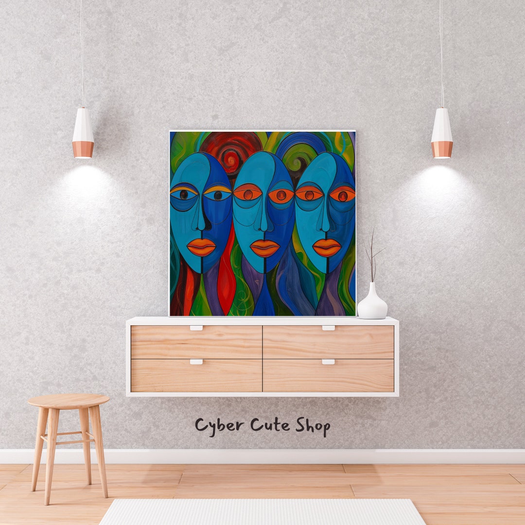 Trio of Cosmic Gaze: Vibrant Abstract Faces - DIGITAL Art, PRINTABLE ...