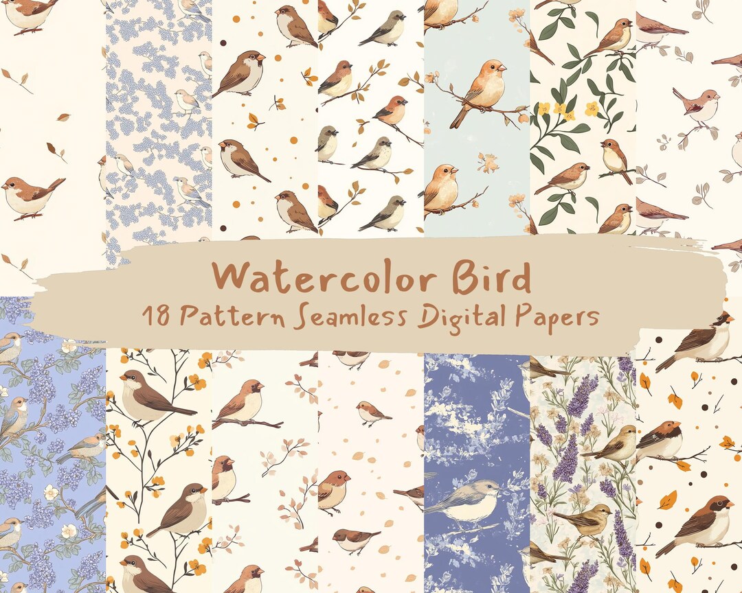 Watercolor Bird Pattern Seamless Digital Papers - Printable Scrapbook ...