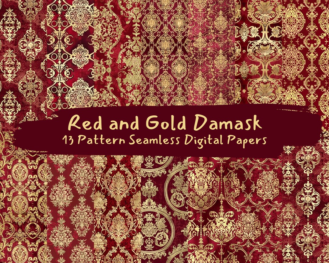 Red and Gold Damask Pattern Seamless Digital Papers - Printable ...