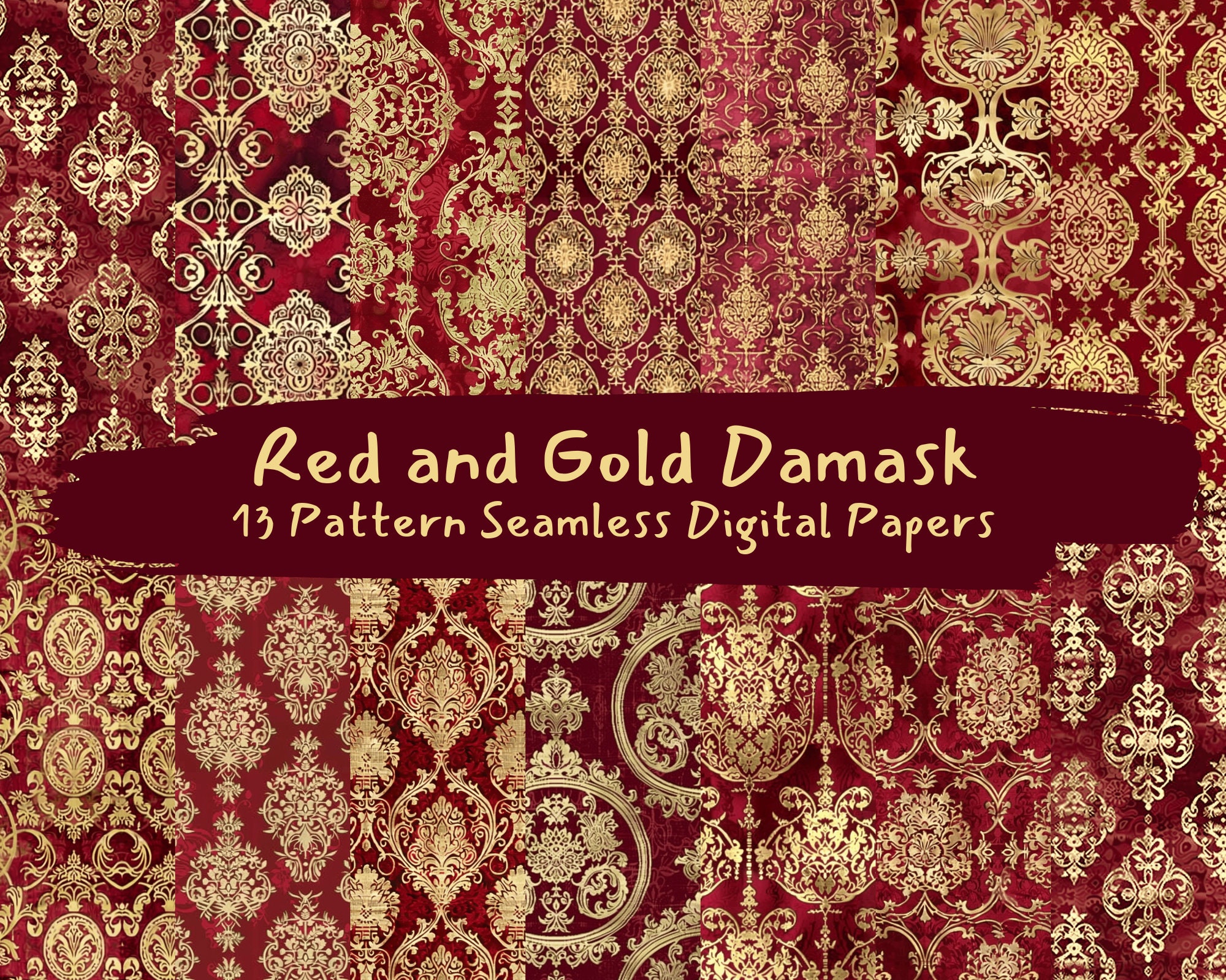 Red and Gold Damask Pattern Seamless Digital Papers - Printable ...