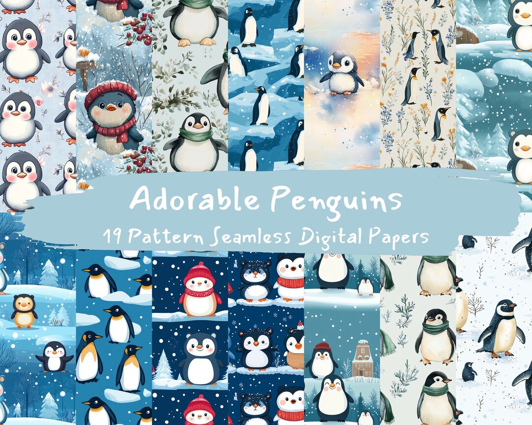 Adorable Penguins Pattern Seamless Digital Papers - Printable Scrapbook ...