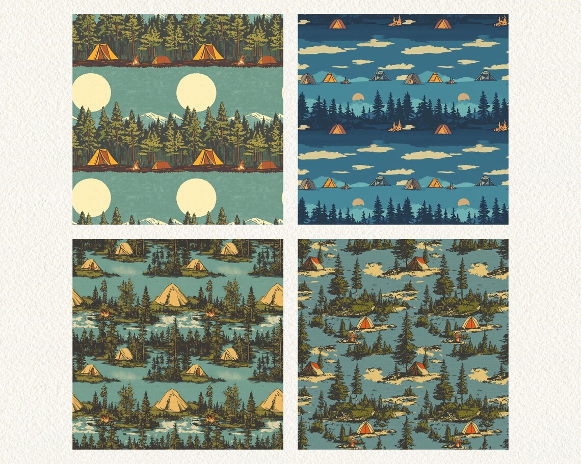 Vintage Camping Pattern Seamless Digital Papers - Printable Scrapbook ...