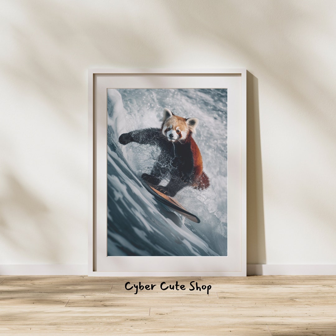 Playful Red Panda Surfing Adventure - Ocean Waves Fantasy - Digital ...