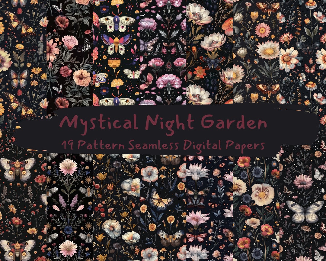 Mystical Night Garden Pattern Seamless Digital Papers - Printable Scrapbook Paper Instant ...