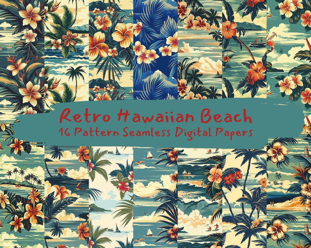 Retro Hawaiian Beach Pattern Seamless Digital Papers Printable ...