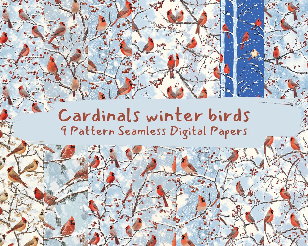 Cardinals Winter Birds Pattern Seamless Digital Papers - Printable ...