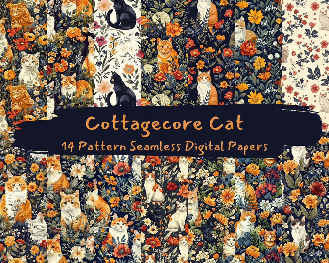 Cottagecore Cat Pattern Seamless Digital Papers - Printable Scrapbook ...