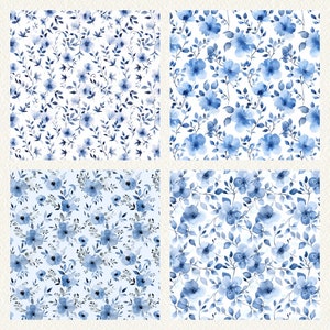Blue Watercolor Florals Pattern Seamless Digital Papers - Printable ...
