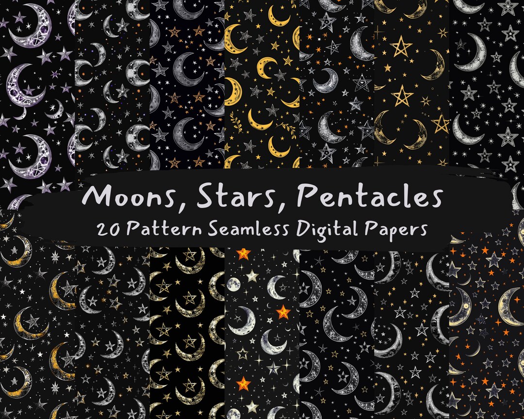 Moons, Stars, Pentacles Pattern Seamless Digital Papers - Printable ...