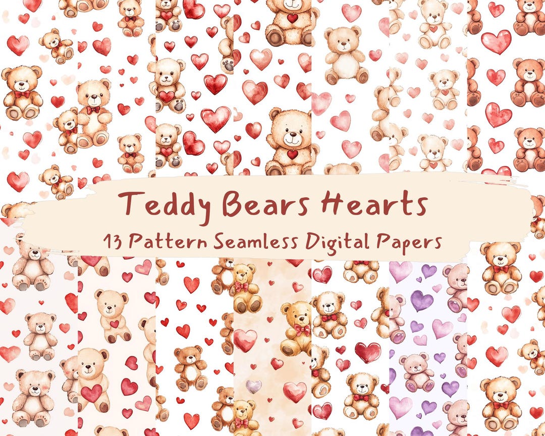 Teddy Bears Hearts Pattern Seamless Digital Papers - Printable ...