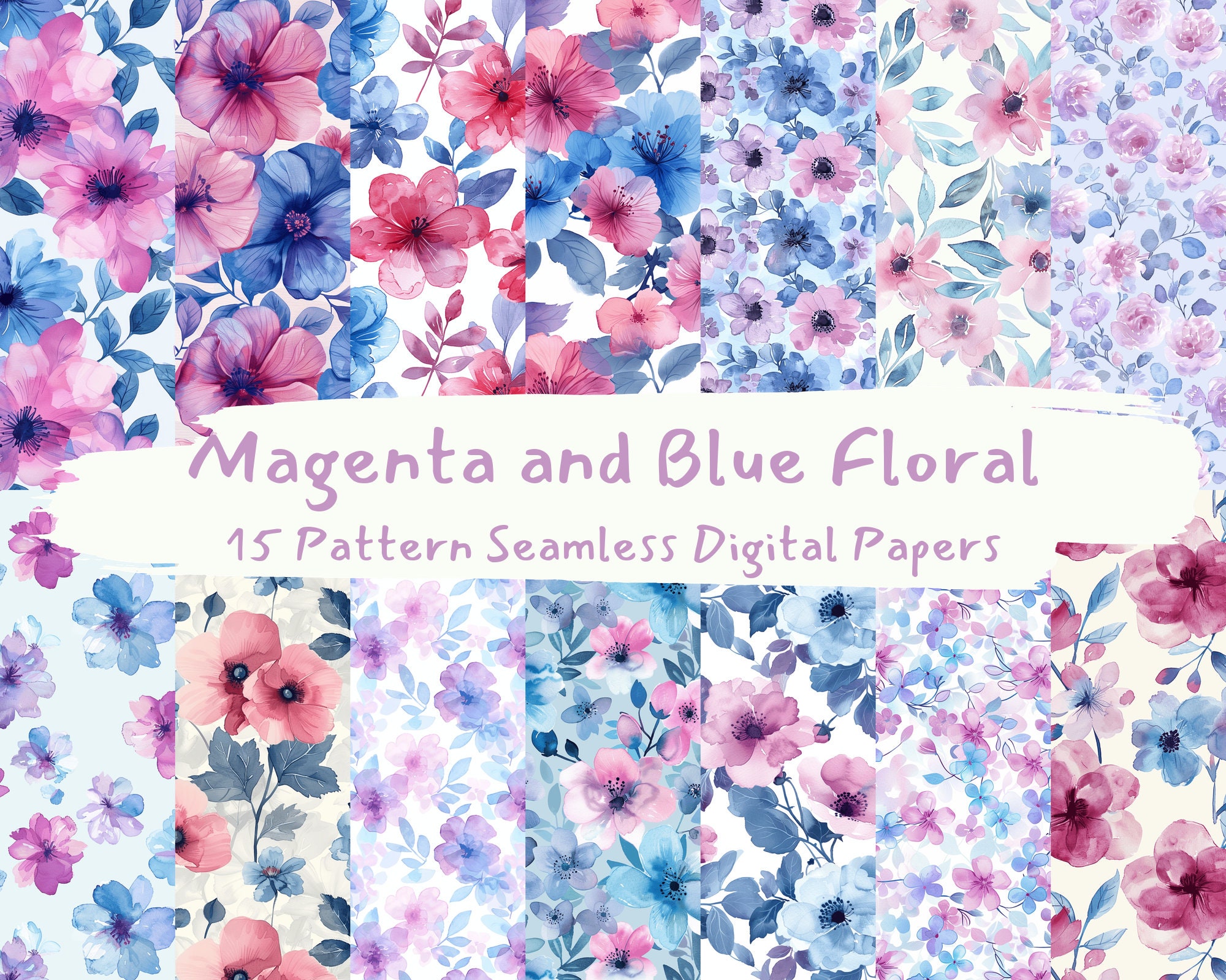 Magenta and Blue Floral Pattern Seamless Digital Papers Printable ...