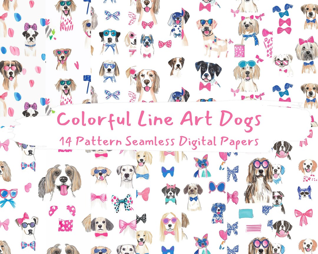 Colorful Line Art Dogs Pattern Seamless Digital Papers - Printable ...
