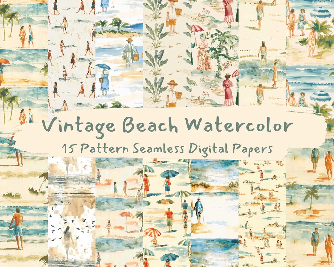 Vintage Beach Watercolor Pattern Seamless Digital Papers - Printable ...