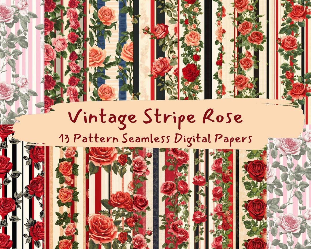 Vintage Stripe Rose Pattern Seamless Digital Papers - Printable ...