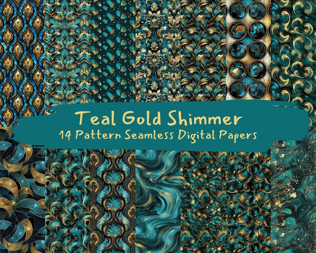 Teal Gold Shimmer Pattern Seamless Digital Papers - Printable Scrapbook ...