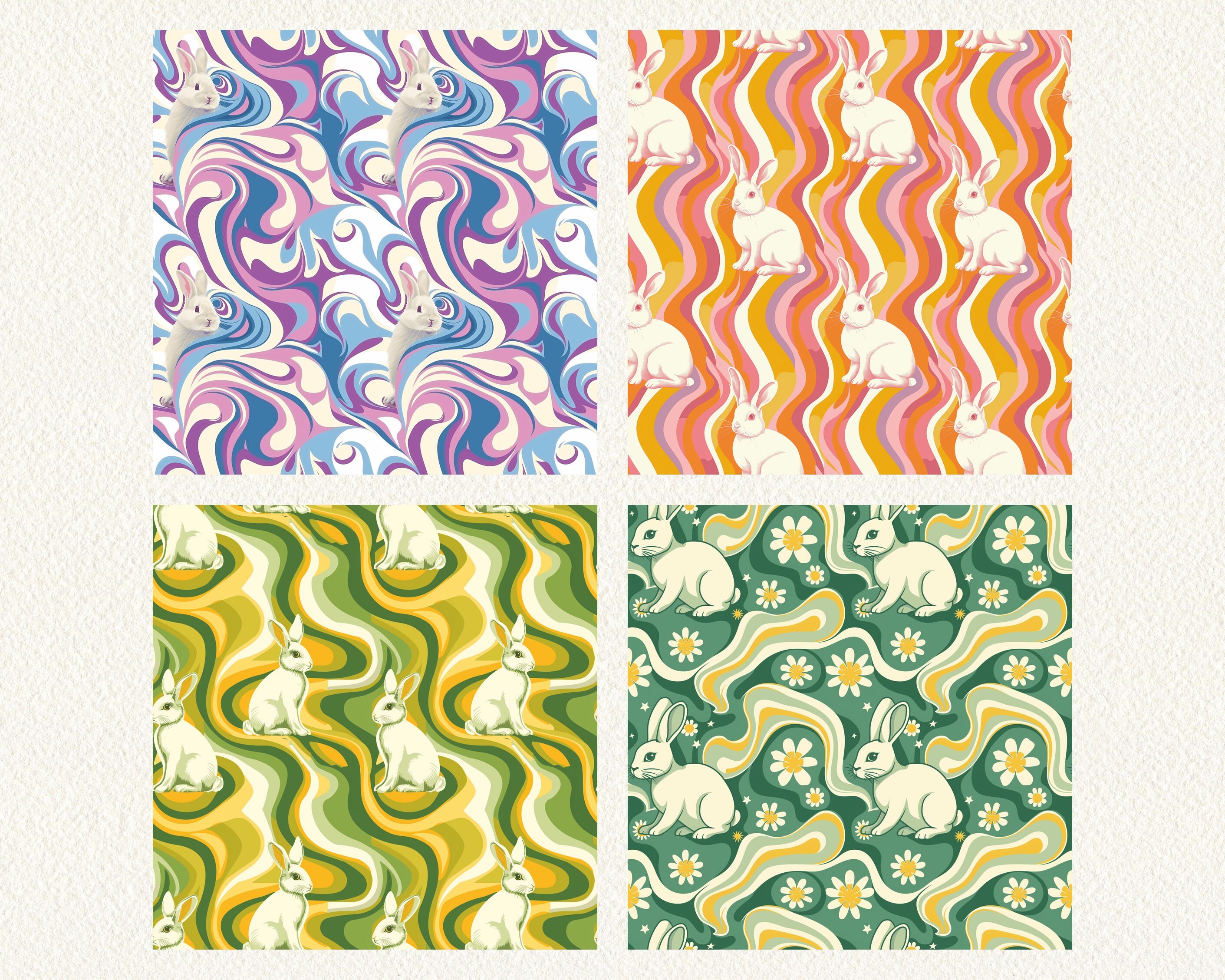 1970s Hippie Bunny Pattern Seamless Digital Papers - Printable ...
