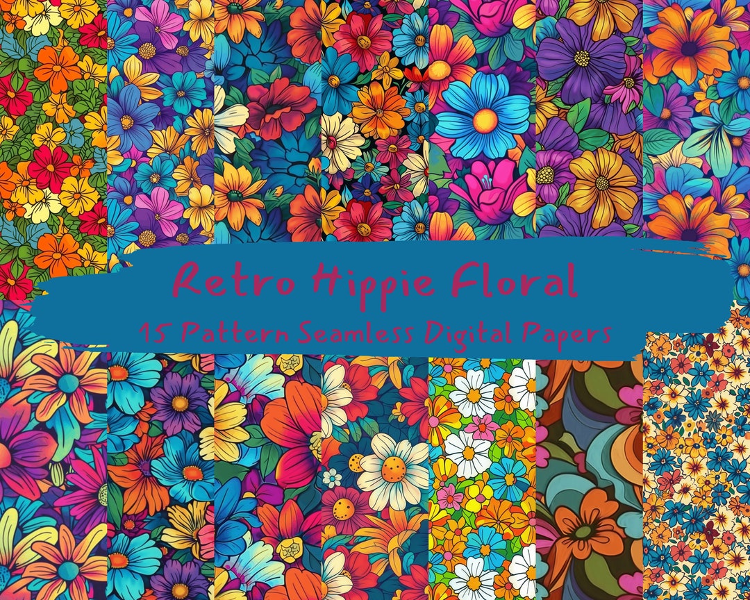 Retro Hippie Floral Pattern Seamless Digital Papers - Printable ...