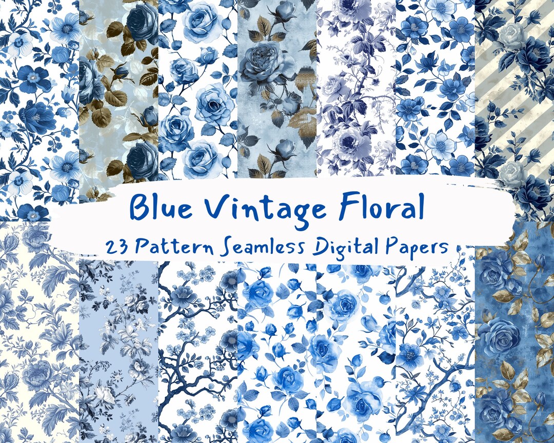 Blue Vintage Floral Pattern Seamless Digital Papers - Printable ...