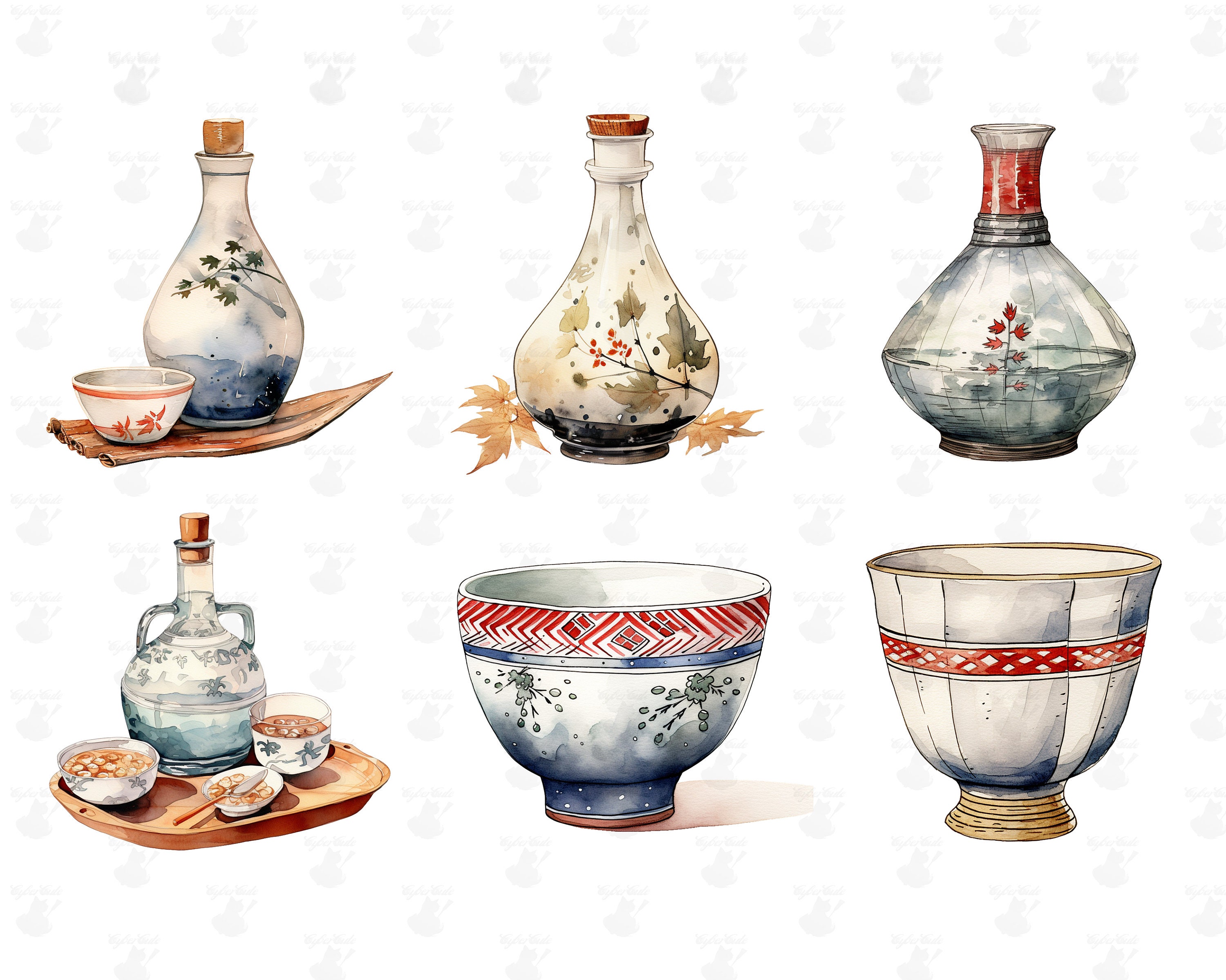 Japanese Sake Cups and Sets, Digital Printable Clip Art Graphics in PNG ...