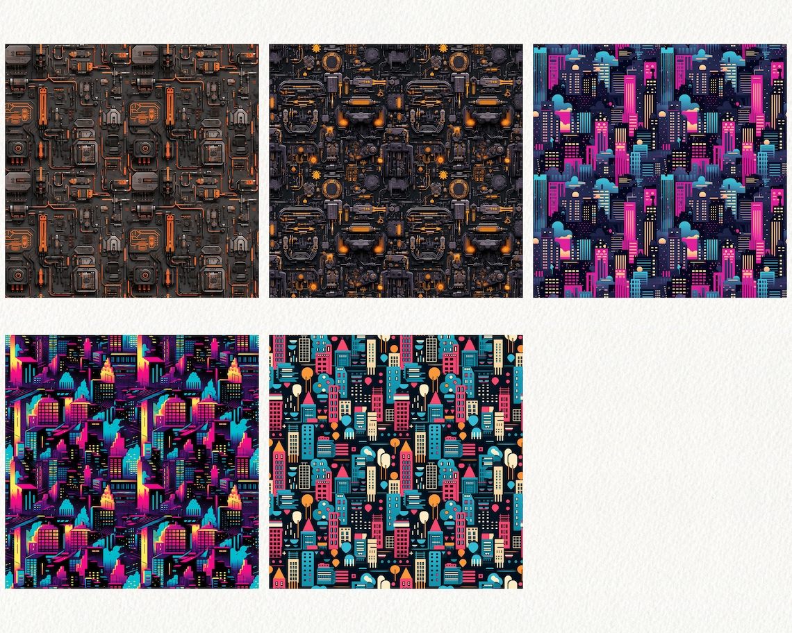 Cyberpunk City Pattern Seamless Digital Papers Tile Patterns Printable ...