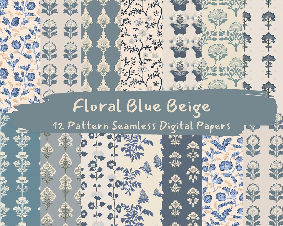 Floral Blue Beige Pattern Seamless Digital Papers - Printable Scrapbook ...