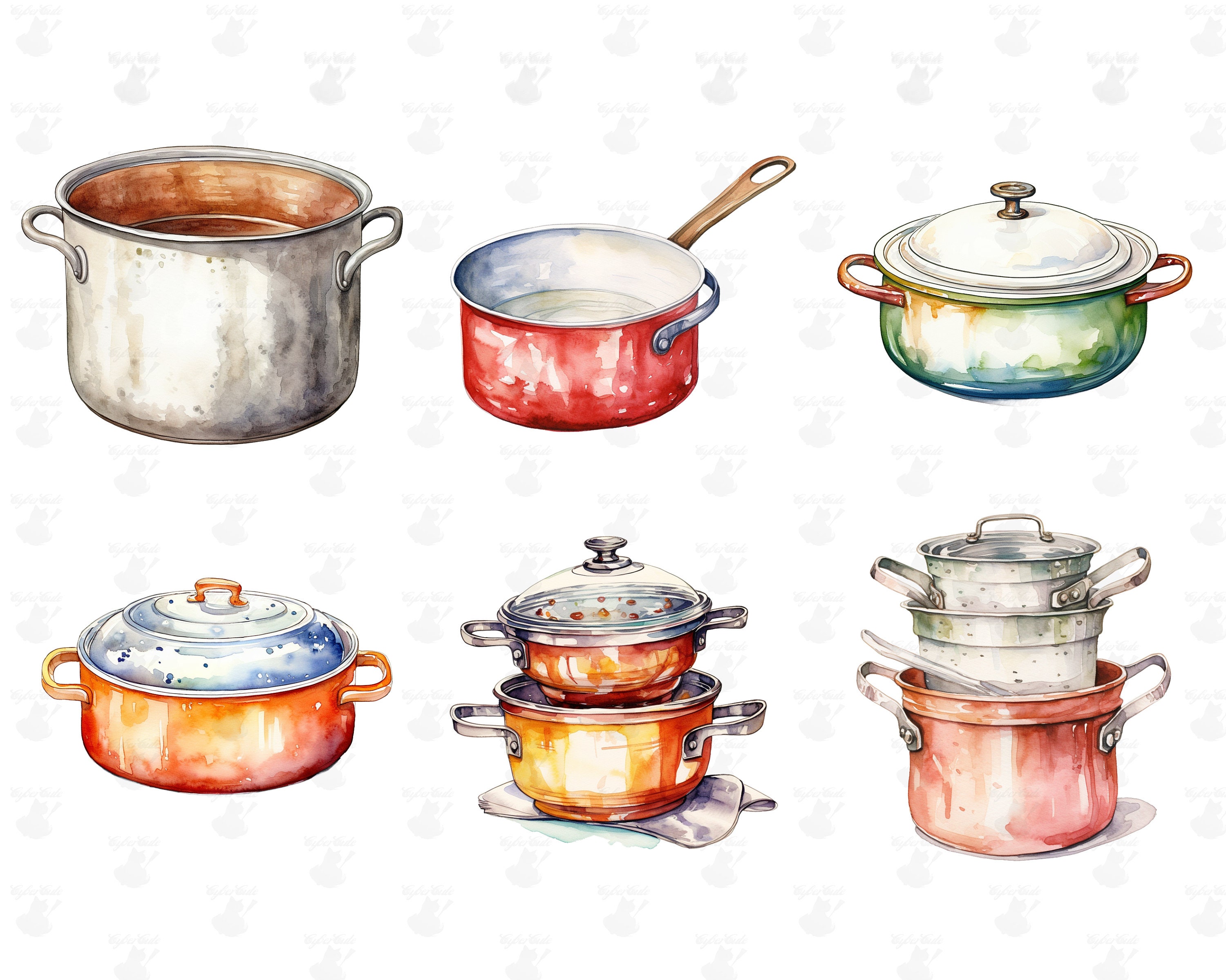 Watercolor Cookware Digital Printable Clipart Bundle in PNG Format ...