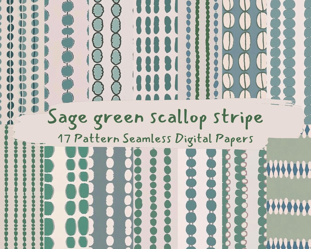Sage Green Scallop Stripe Pattern Seamless Digital Papers - Printable ...