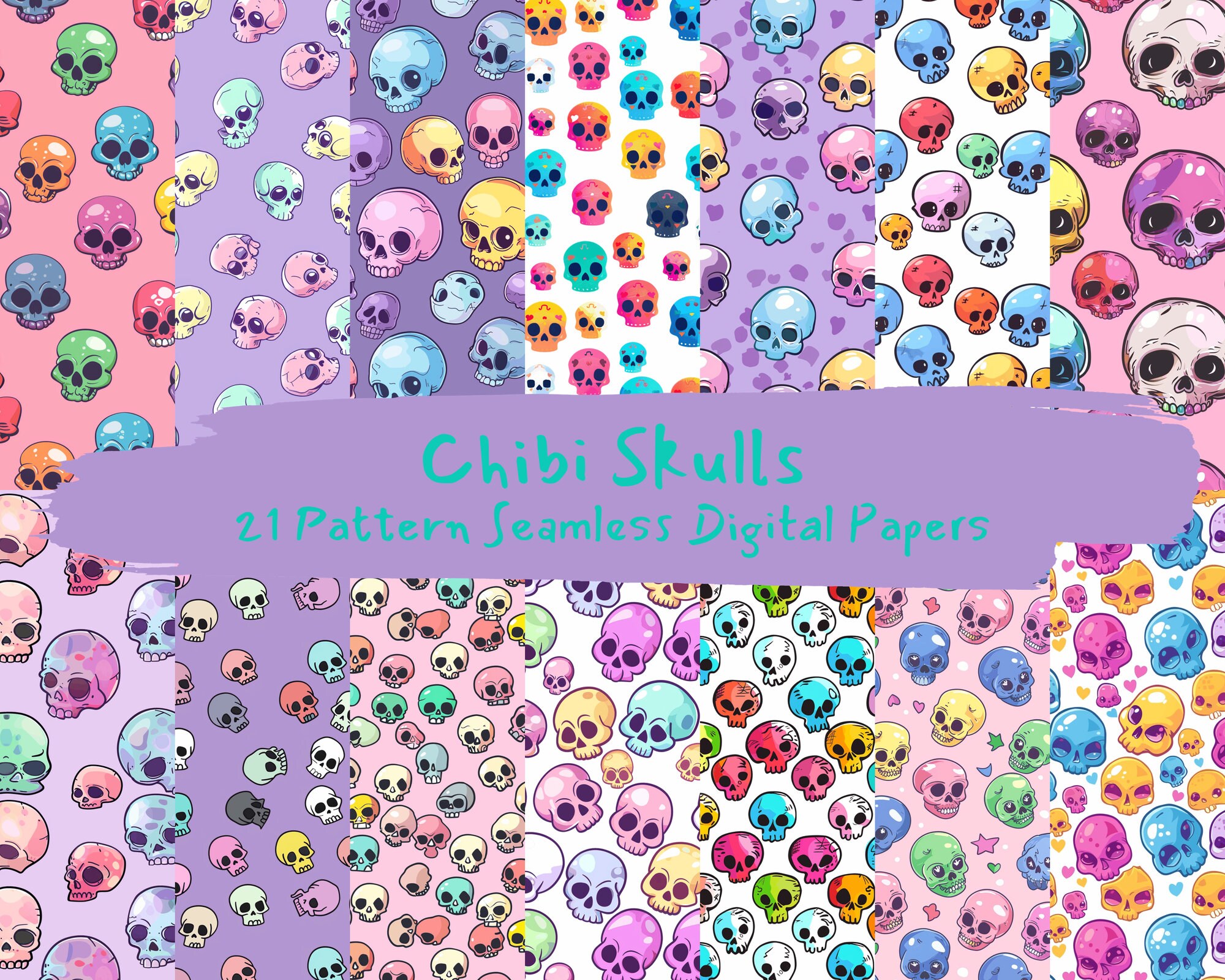 Chibi Skulls Pattern Seamless Digital Papers - Printable Scrapbook ...