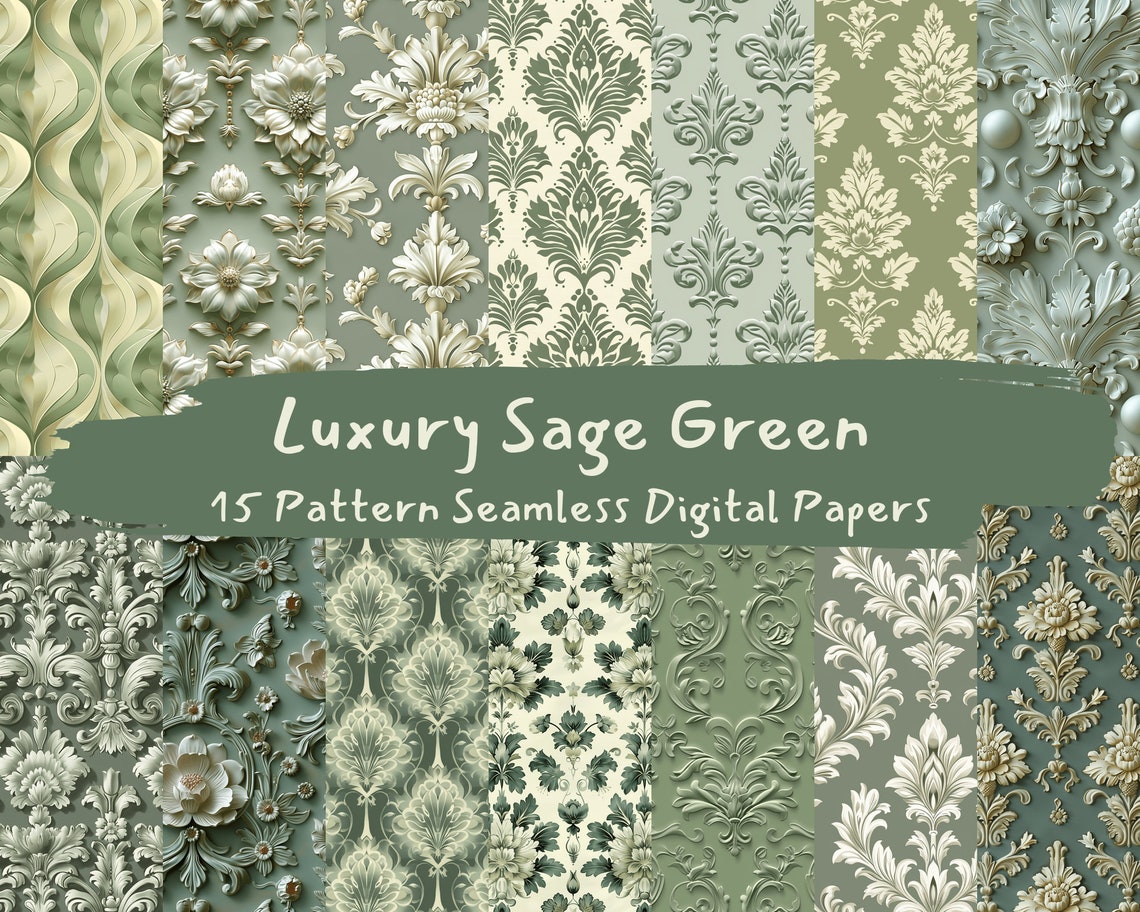 Luxury Sage Green Pattern Seamless Digital Papers - Printable Scrapbook ...