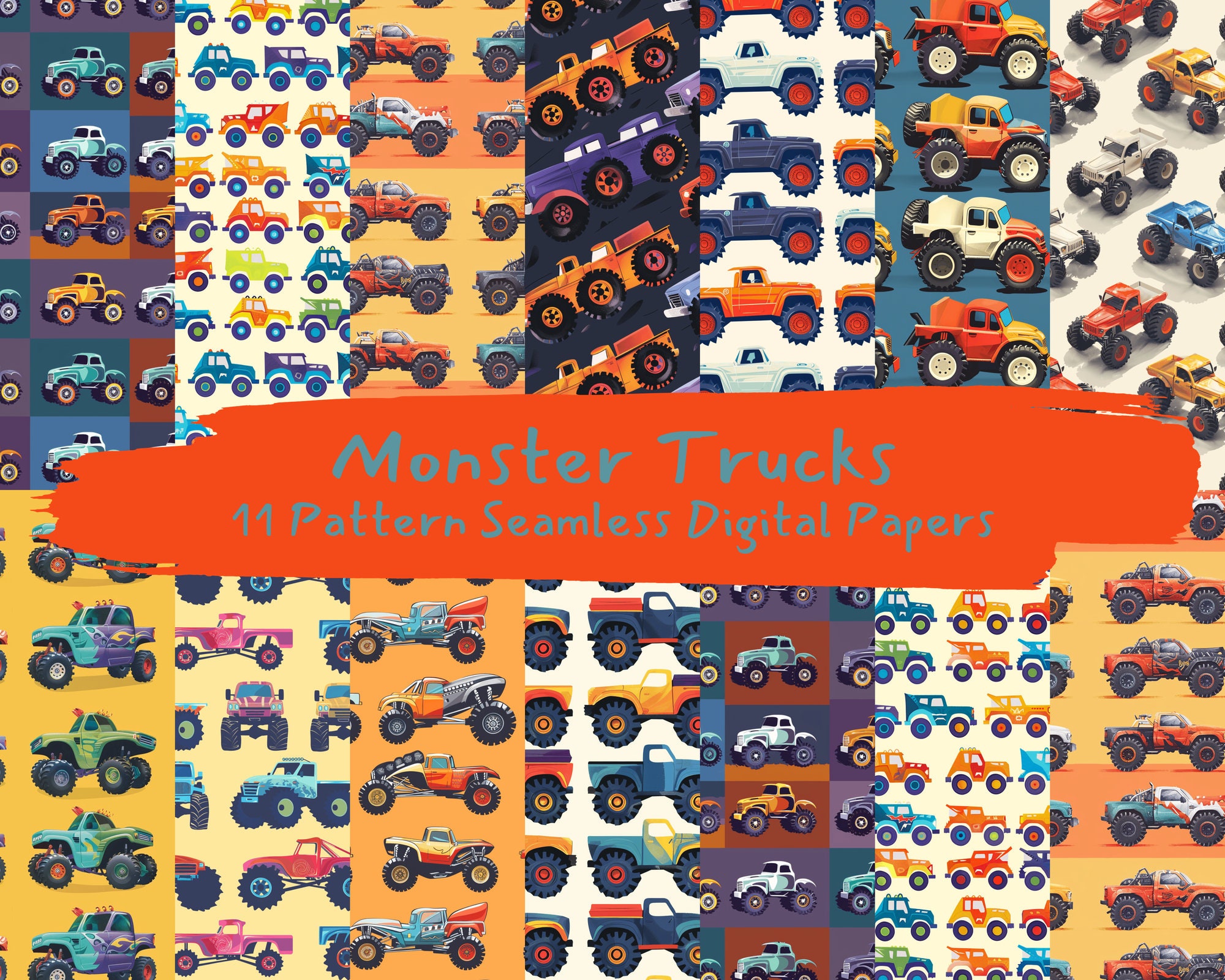 Monster Trucks Pattern Seamless Digital Papers Printable Scrapbook ...