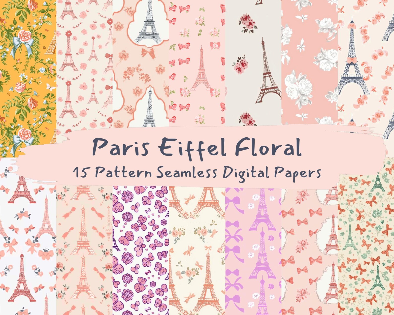 Paris Eiffel Floral Pattern Seamless Digital Papers - Printable ...