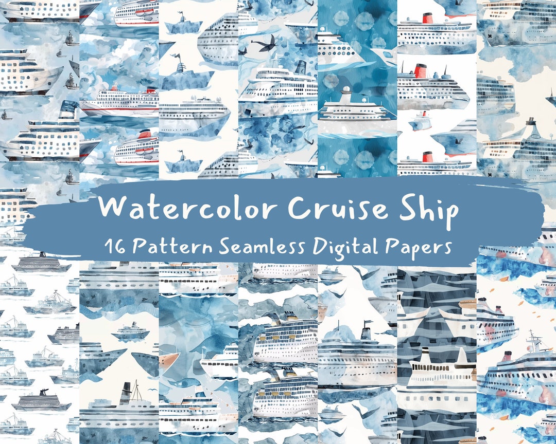 Watercolor Cruise Ship Pattern Seamless Digital Papers - Printable ...