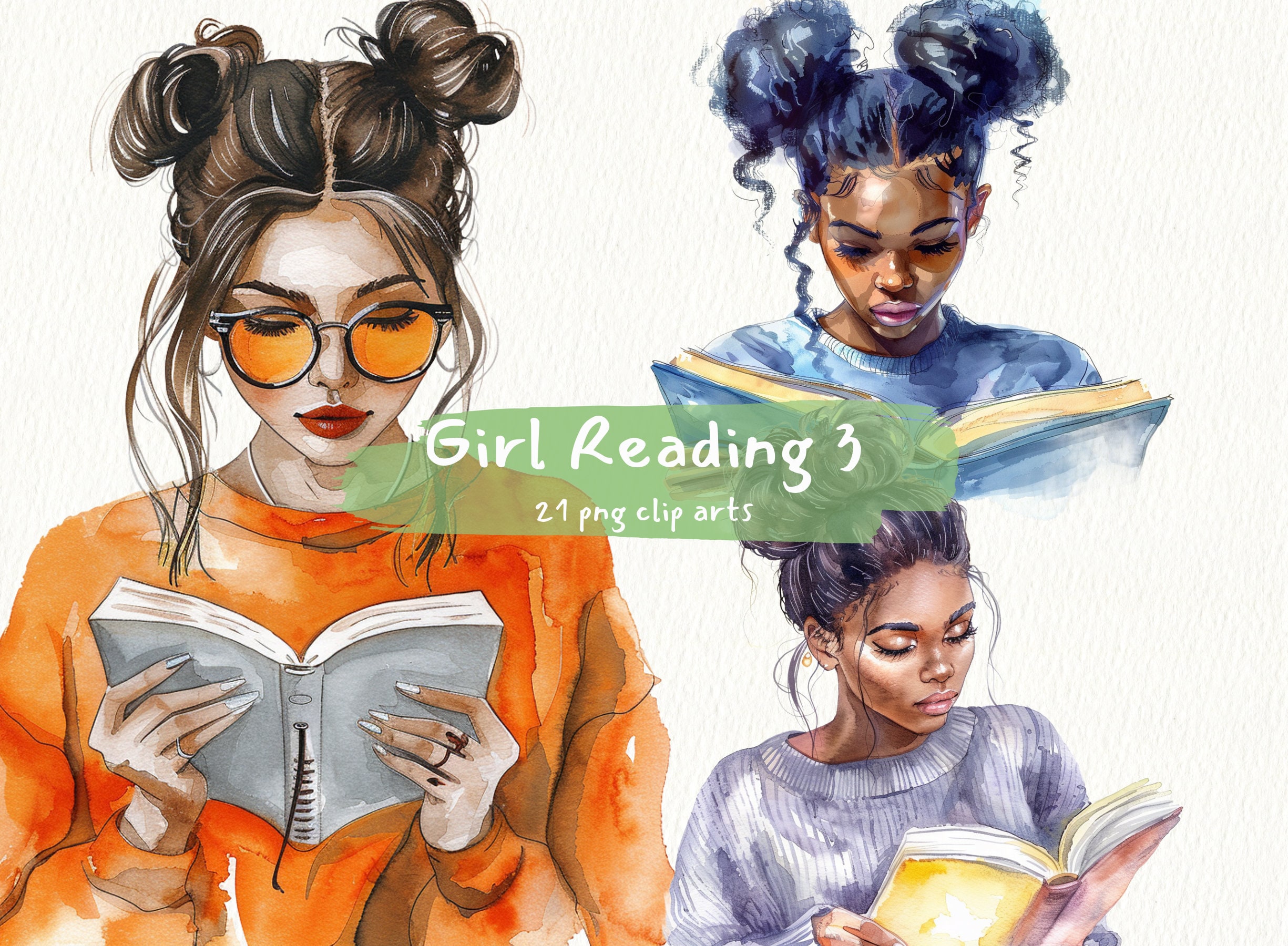 Girl Reading Digital Printable Clipart Bundle in PNG Format Transparent ...