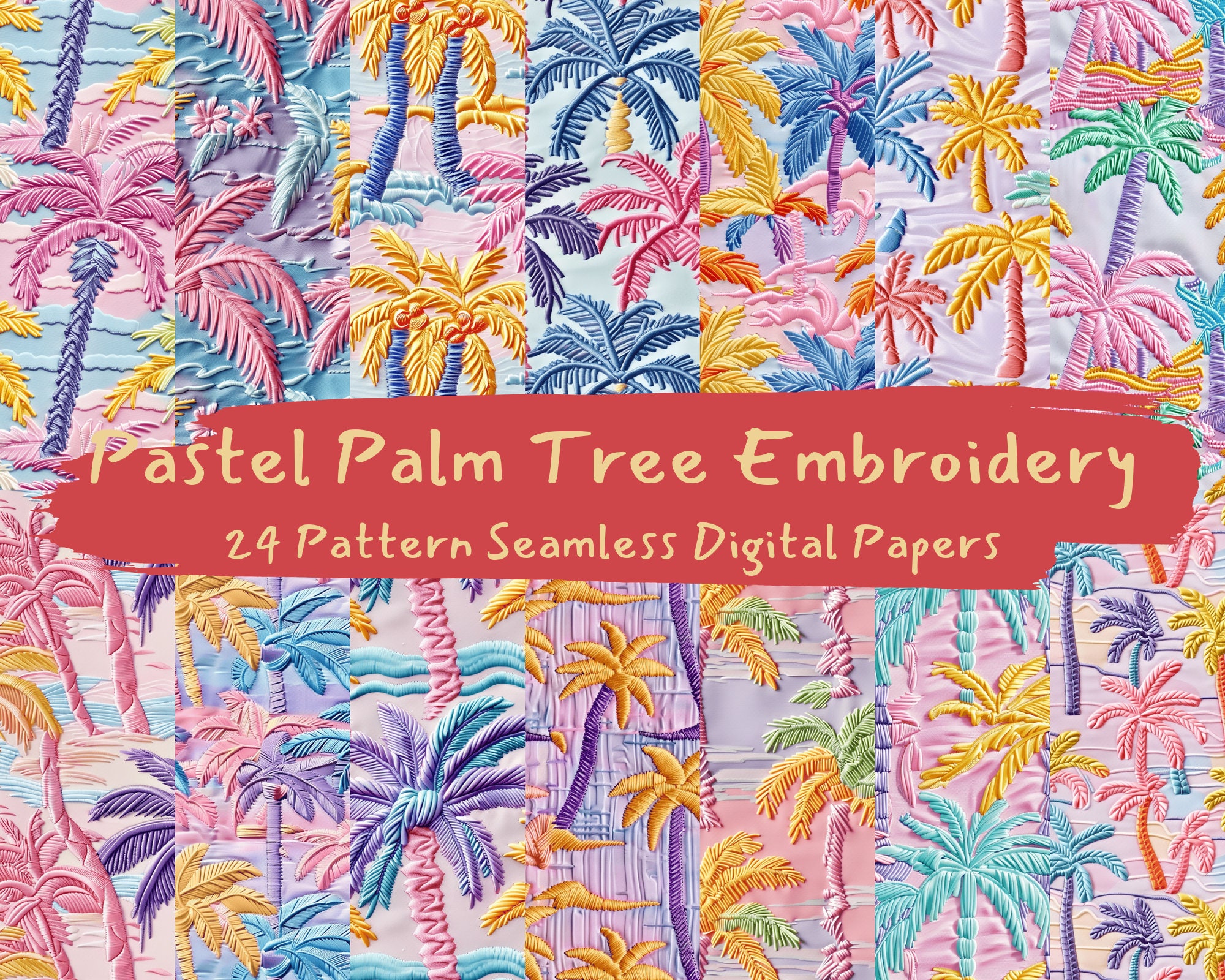 Pastel Palm Tree Embroidery Pattern Seamless Digital Papers - Printable ...
