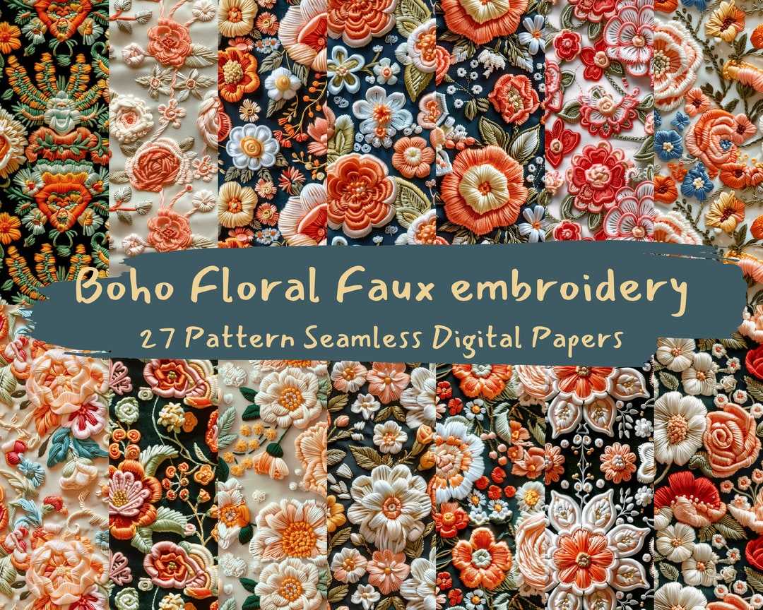 Boho Floral Faux Embroidery Pattern Seamless Digital Papers - Printable ...