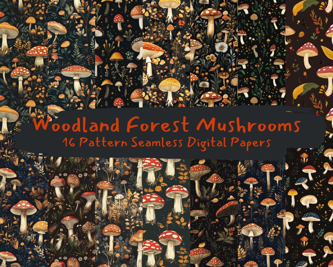 Woodland Forest Mushrooms Pattern Seamless Digital Papers - Printable ...
