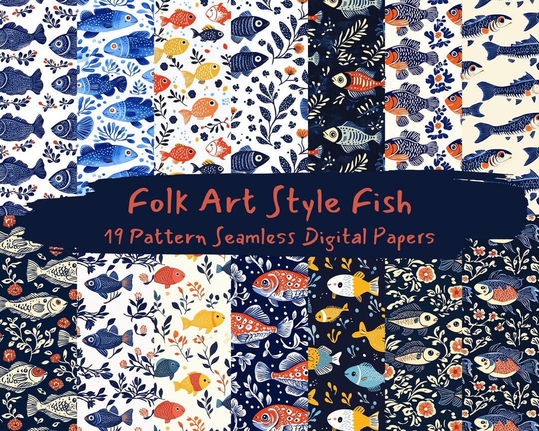 Folk Art Style Fish Pattern Seamless Digital Papers - Printable ...